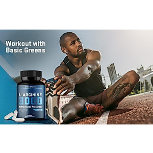BASIC GREENS L Arginine 3,150mg (90 Capsules) L-Arginine Supplement for Men and Women with Nitric Oxide Precursor | L Arginine Supplement Pills for Men, Sport, Workout, Made in The USA