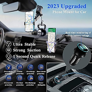 Ronnaquetta Phone Holder Car 1S Quick Release, Car Charger Voltage Display Car Phone Holder Adjustable 360 Rotation Phone Mount Cell Phone Car Mount be Applied to Dashboard or Windshield