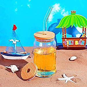 16oz Beer Glasses Lids with Straw Hole Drinking Glass Cups Anticorrosion Beer Can Cups Lids Bamboo Lids Include Reusable Glass Straight Curved Straw and Brush for Drinking Glasses (10 Pieces)