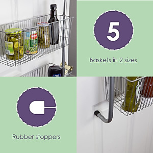 5 Tier Over The Door Pantry Organizer (Silver), By Home Basics | Metal Pantry Door Rack | Hanging Pantry Organizer For Condiments, Spices, Snacks, and Canned Goods