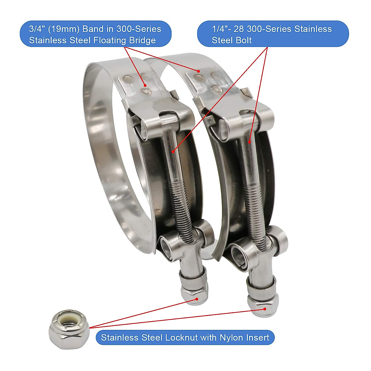 Roadformer 4" T-Bolt Hose Clamp - Working Range 108mm - 116mm for 4" Hose ID, Stainless Steel Bolt, Stainless Steel Band Floating Bridge and Nylon Insert Locknut (108mm - 116mm, 2 pack)