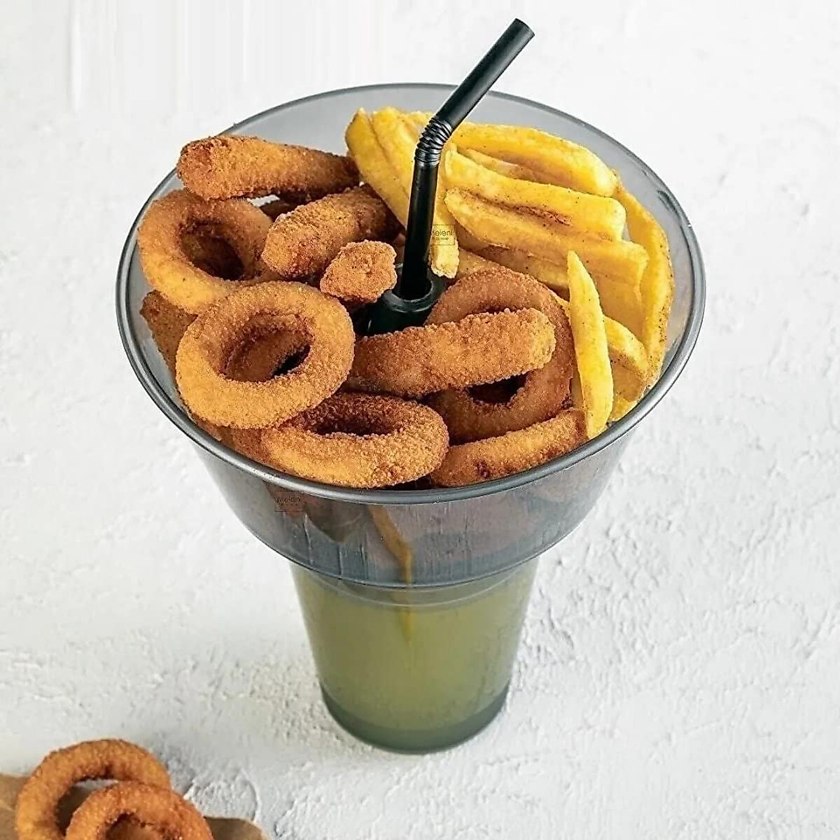 EYNEL Stack n' Sip Snack Cups, 4 Pack Reusable Plastic Drink and Snack Cups with Straws Stadium Tumbler with Top Bowl for French Fries and Coke Perfect for One-Handed On-The-Go Usage (Round, 4, Count)