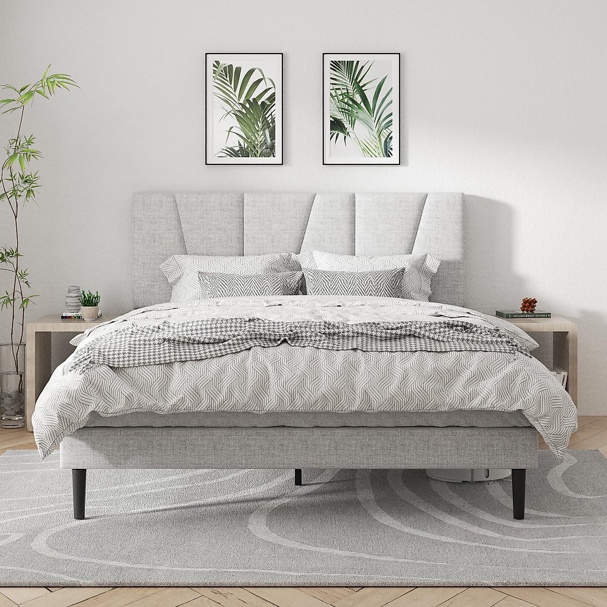 CXVX Queen Size Platform Bed Frame with Geometric Upholstered Headboard, Noise Free, Wooden Slats Support, No Box Spring Needed, Easy Assembly, Light Grey, Linen