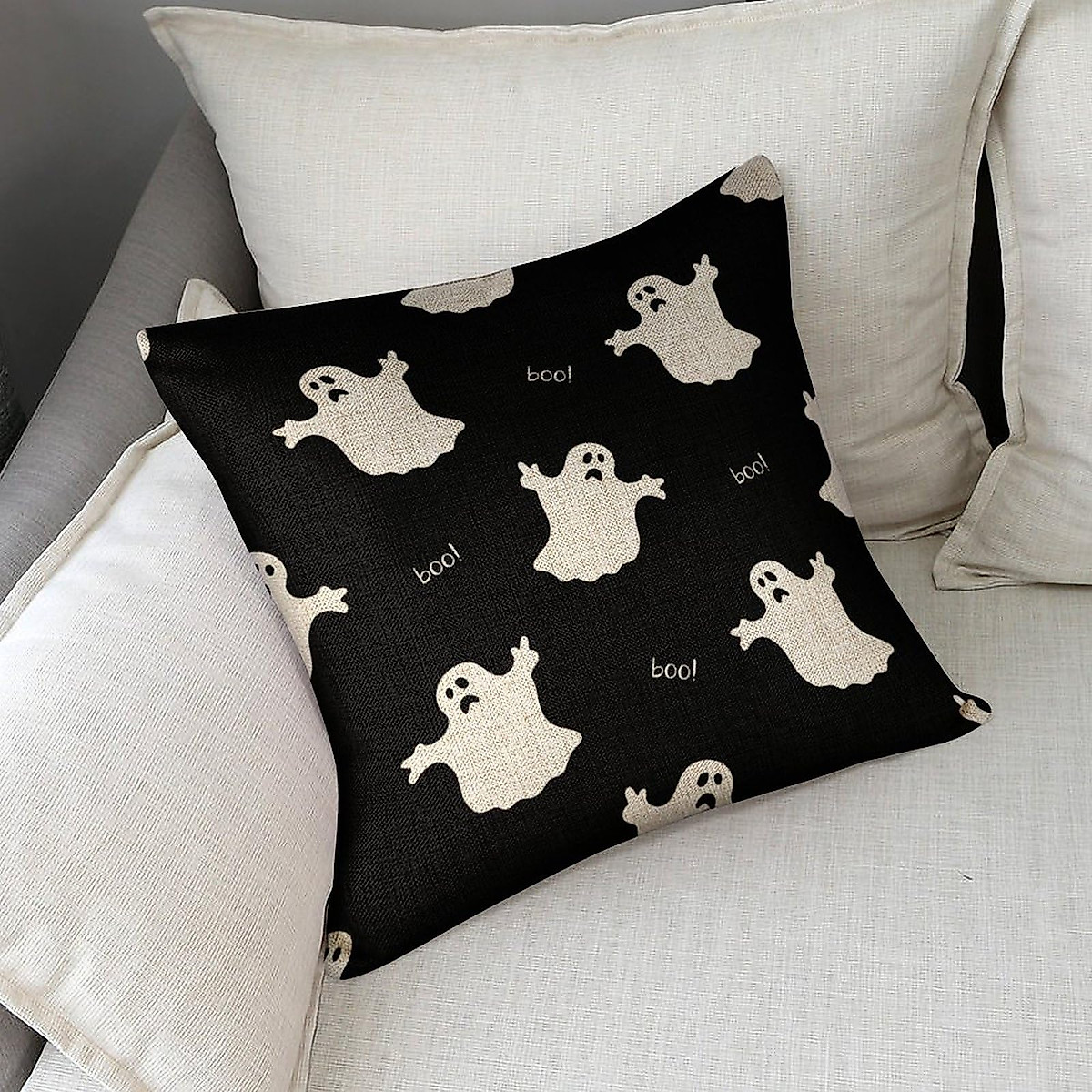 Happy Halloween Cartoon Ghosts Throw Pillow Covers 18×18 Pillowcases Set of 2 Cute Black Linen Decorative Square Pillow Case Cushion Covers Standard Size for Sofa Couch Outdoor Bed Pillow Protectors