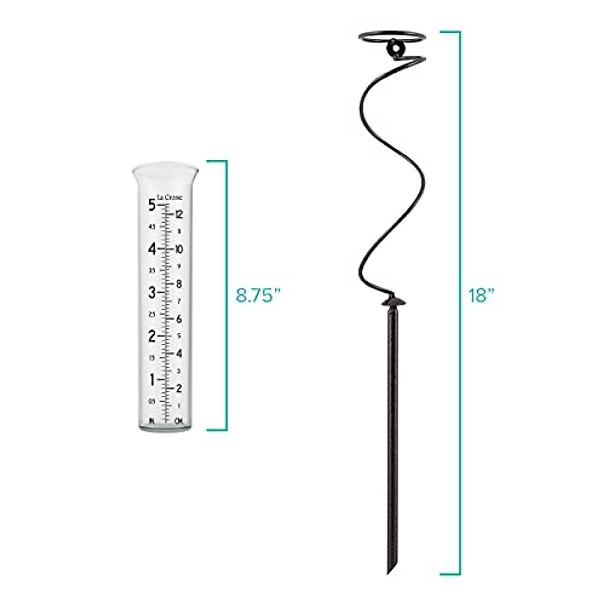La Crosse 704-08967-INT Original Handcrafted Colombian Metal Finish Spiral Rain Gauge with 5-inch Capacity Glass Rain Garden Tube