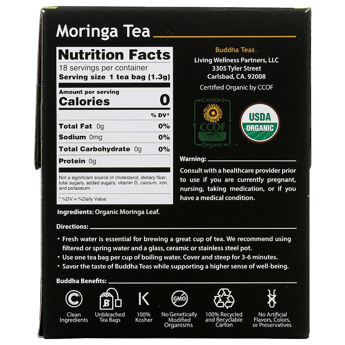 Buddha Teas Organic Moringa Tea - OU Kosher, USDA Organic, CCOF Organic, 18 Bleach-Free Tea Bags