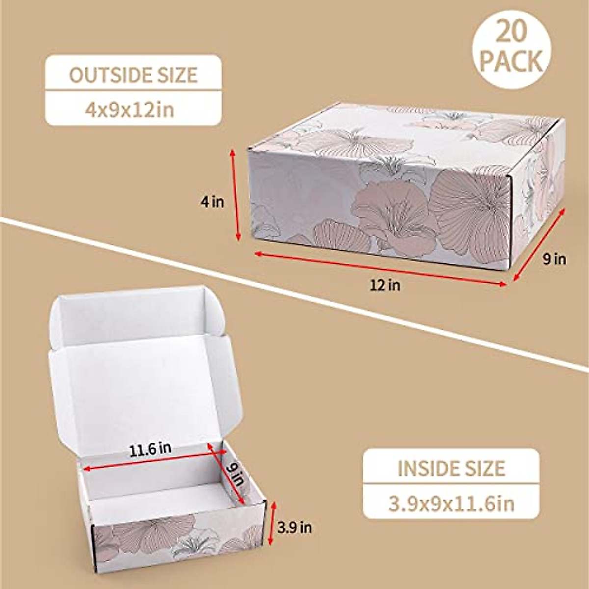EYMPEU 12x9x4 Floral Gift Wrapping Boxes 20 Pack, Gifts Shipping Boxes Bulk for Women, Flower Corrugated Cardboard Gift Mailer for Present, Wife, Girlfriend, Mom Birthday, Wedding, Party Favor,