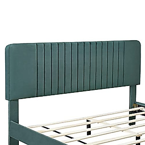 OPTOUGH Queen Upholstered Platform Bed with Headboard, Velvet Queen Size Bed Frame with Wooden Slats/Noise-Free/No Box Spring Needed, Green