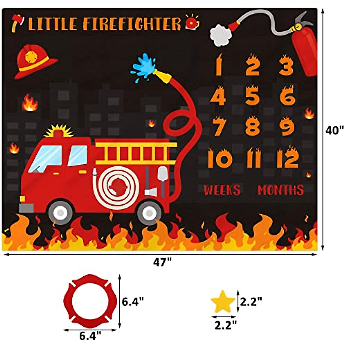 Fire Truck Baby Milestone Blanket for Boy Little Firefighter Monthly Growth Tracker Soft Plush Fleece Nursery Blanket Newborn Baby Boy Bedding Photography Background