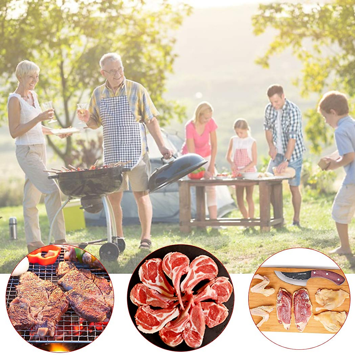 SMTENG Outdoor Survival Knife 5.5 inch，Great for Camping,Hunting and BBQ activities with Leather Sheath，Handmade Forged Hammered kitchen Knife Full tang Sharp Blade Butcher Knives Boning knife