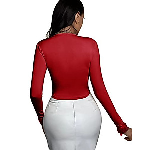 Zoyami Womens Sexy Tie Front Long Sleeve Crop Top Feather Trim V Neck Blouse Red Medium