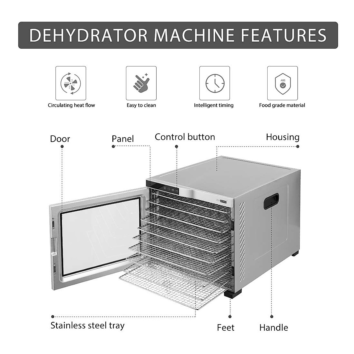 VIVOHOME Stainless Steel Electric 1000W 10 Trays Commercial Food Dehydrator Machine with Digital Timer and Temperature Control for Fruit Vegetable Meat Beef Jerky Maker