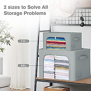 2 Pack Clothes Storage Bins, Stackable Oxford Frame Storage Box, Clothing Organizer Containers, Foldable Storage Bag for Closet, Living Room with Clear Window.(Grey,19.7*15.7*13inch,66L)