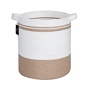 Hiromi Cotton Rope Basket - Decorative White Storage Bins for Room Organization - Firm Woven Hamper for Laundry - Toys, Towel, Cushion, Throw Pillow, Blanket Holder with Durable Handles - 16in x 18in Brown