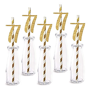 77th Birthday Paper Straw Decor, 24-Pack Real Gold Glitter Cut-Out Numbers Happy 77 Years Party Decorative Straws