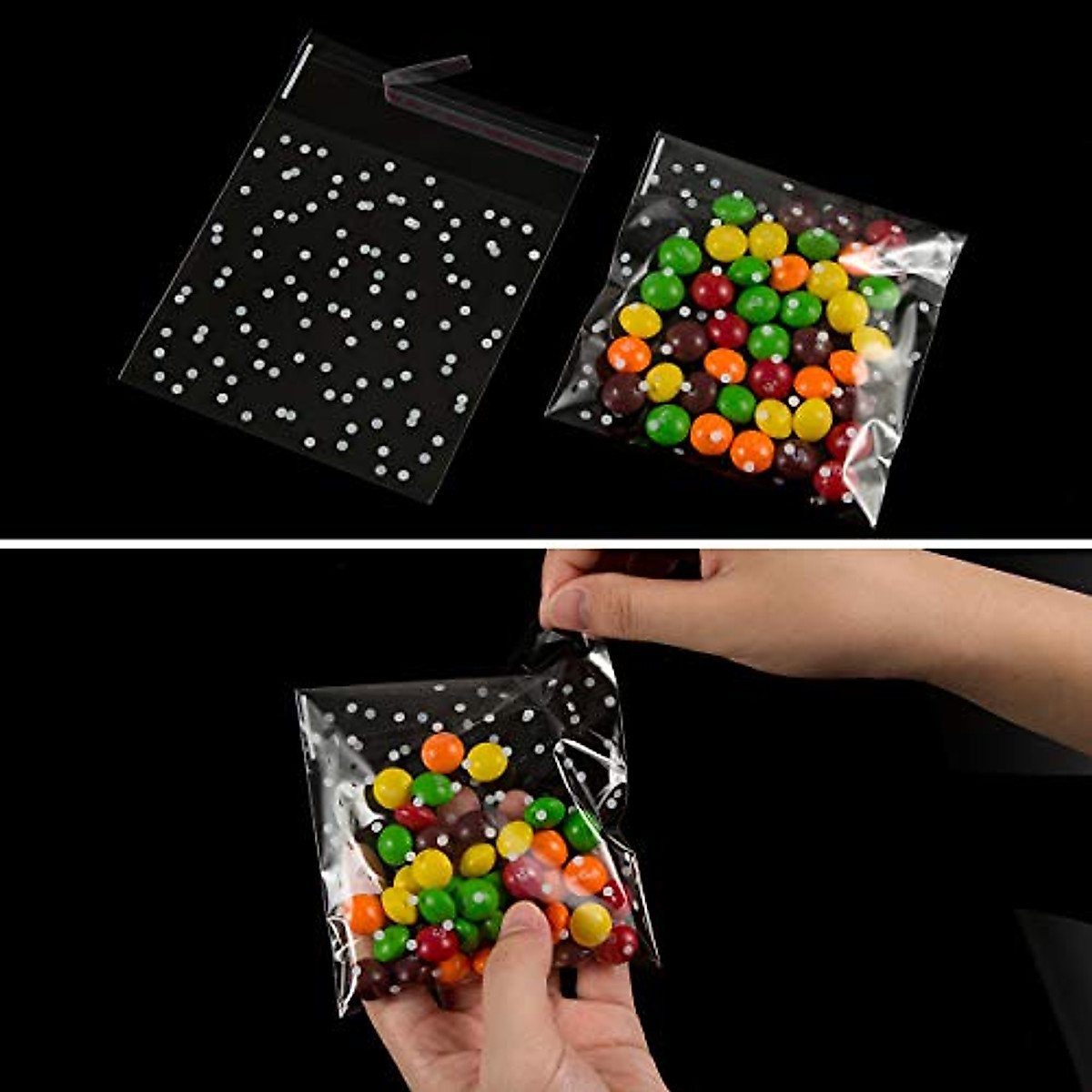 400PCS White Polka Dot Treat Bags Self Adhesive Candy Cookie Bags, 200 Clear Cellophane Bags + 200 Thank You Sticker for Bakery Biscuit Snacks Dessert,3.94x3.94Inches