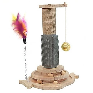 PetnFam 5in1 Sturdy Base Cat Scratching Post,Cat Scratcher Includes 6 Spare Teasing Sticks,Premium Sisal Tall Scratcher Interactive Track Toys,Massage Brush,Dangling Ball for Indoor Kittens and Cats