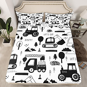 Construction Bed Sheets Set Full Size Equipment Trucks Sheet Set for Kids Boys Girls Decor Cartoon Car Excavator Tractor Sheets with Deep Pocket Fitted Sheet Black White Bedding Set Bedroom