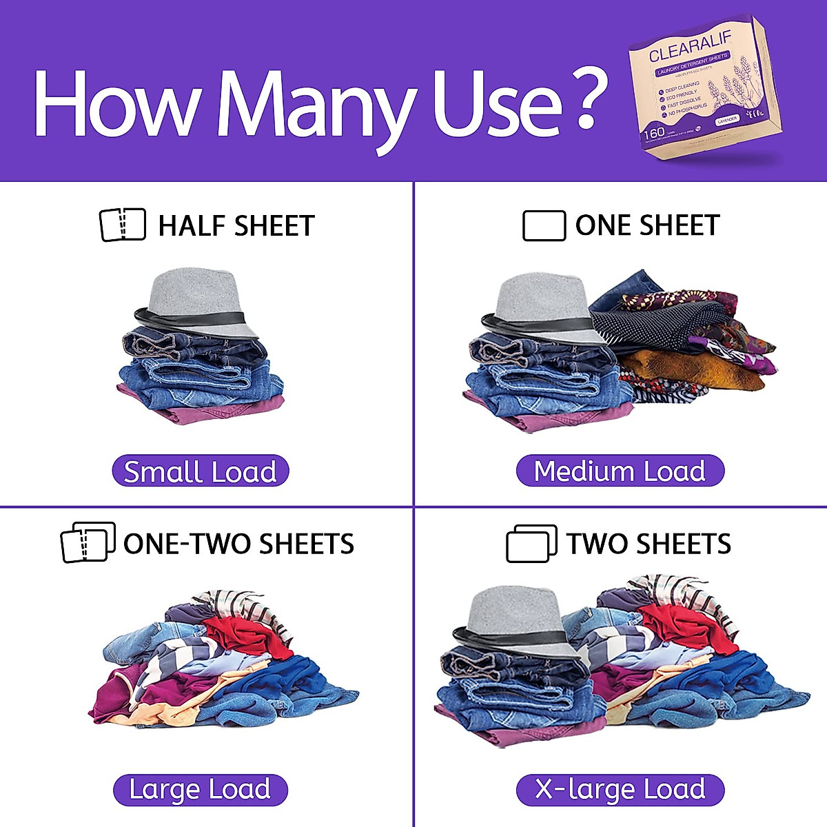CLEARALIF Laundry Detergent Sheets 80 Sheets (Up to 160 Loads), Lavender - Great For Apartments, Dorms,Laundry Sheets Eco Friendly
