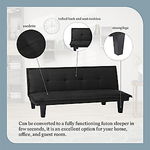 POCIYIHOME Futon Sleeper Sofa with Adjustable Back, Modern Twin Size Chaise with Brown Legs, 2-Seater Couch, Contemporary Home Furniture for Living Room,Bedroom,Office,Waiting Room, Faux Suede, Black