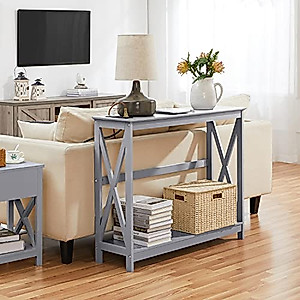Yaheetech 2-Tier Console Table Narrow Wood Sofa Table with Power Outlets for Entryway Hallway Living Room Corridor, X-Shaped Design,Gray