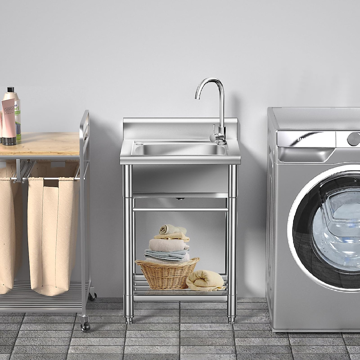 Utility Sink, Stainless Steel Sink, Single Bowl Freestanding Sink Kitchen Sinks with Hot & Cold Hoses Outdoor Sink for Laundry Garden Garage Commercial Restaurant