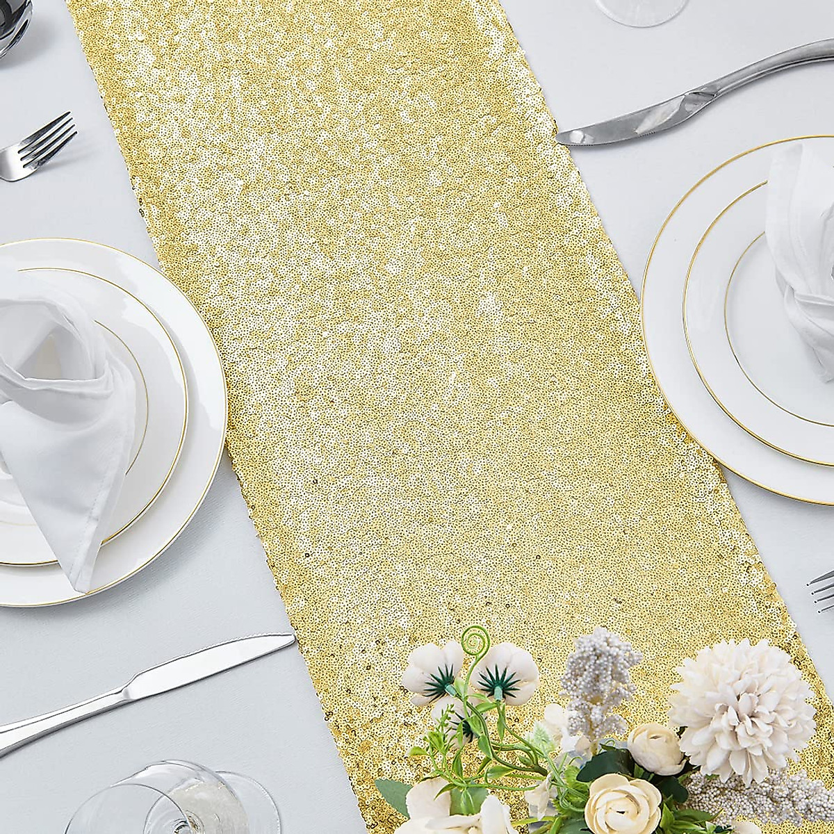 2 Packs 12 x 72 inches Gold Sequin Table Runner, Glitter Runner for Birthday Party Supplies Decorations Wedding Bachelorette Holiday Celebration Bridal Shower Baby Shower