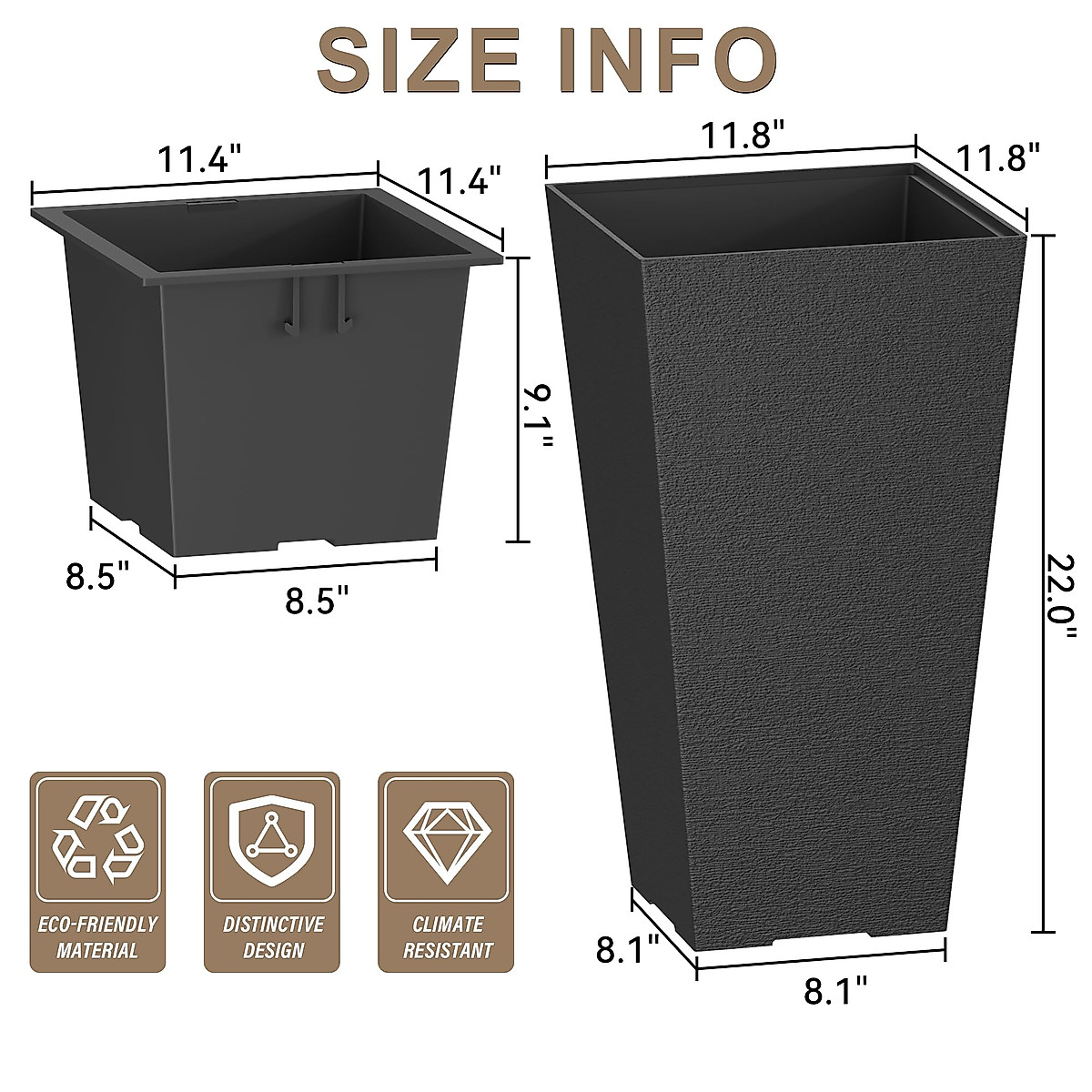 Kante 22 Inch Tall Planter Set of 2, Large Taper Planter for Outdoor Indoor Garden Patio Front Door (Black)