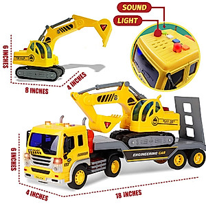 Liberty Imports Big Rig Tractor Trailer Low Boy Transport Flat Bed with Excavator Toy Trucks Combo, Semi Truck with Lights and Sounds, Flatbed Push and Go Construction Vehicle for Kids