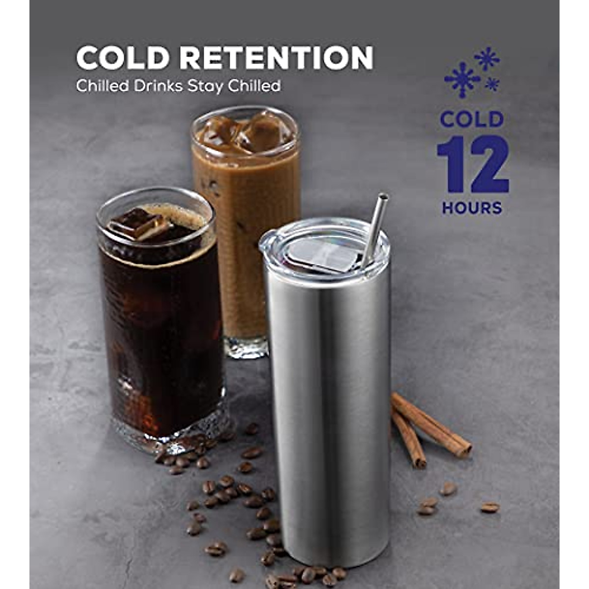Insulated Skinny Stainless Steel Tumbler Set - 4-Pack 20oz Coffee Tumbler with Straw - Travel Coffee Mug With PBA Free Lids - Slim Vacuum Insulated Tumblers Keep Hot and Cold - Great for Home, Office.
