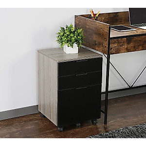 JJS 3 Drawer Rolling Wood File Cabinet with Locking Wheels, Home Office Portable Vertical Mobile Wooden Storage Filing Cabinet for Letter Size, Black