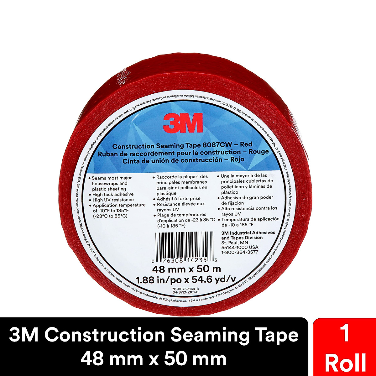 3M Construction Seaming Tape 8087CW, 1 Roll, Red, 48 mm x 50 m, Sheathing Tape for Seaming, Splicing, Sealing, and Repairing Moisture Barriers, Flexible in Cold Weather and High Heat