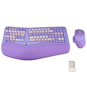 Wireless Ergonomic Keyboard and Mouse Combo with PU Wrist Rest, Carpal Tunnel Keyboard, 2.4G Colorful Split Ergo Keyboard, Comfortable Natural Typing, Compatible with PC/Laptop (Purple)