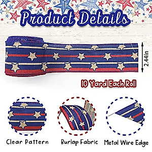 Estivaux 4th of July Ribbons for Crafting, 2.5 Inch ×10 Yard Patriotic Wired Edge Ribbon Blue Natural Burlap Ribbons American Stars Craft Ribbon Bows for Gift Wrapping Independence Day Decorations