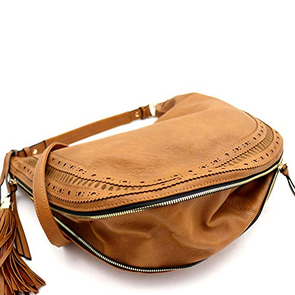 Boho Tassel Expandable Soft Vegan Leather Straw Large Hobo Bag Purse Handbag (Lightweight Laser-cut Hobo - ZBlack)
