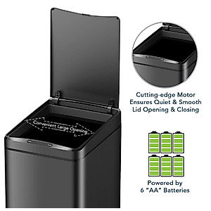 CozyBlock Automatic Trash Can for Kitchen, Black Steel Touchless Motion Sensor Bin, Wide Opening Soft Close Lid, LED Countdown Timer (13 Gallon- Slim Design)