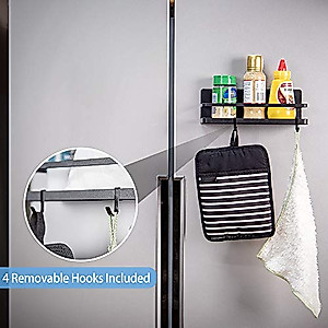 2 Pack - Magnetic Spice Rack, Fridge Organizer Shelf, Side Wall Refrigerator Storage for Spices, Utensils or Plates, Works as Towel Holder with Hooks, Organization for Home and Kitchen (Black)