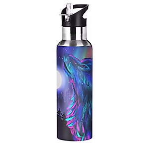 Galaxy Animal Wolf Abstract Water Bottle Vacuum Insulated Stainless Steel Thermos Mug Kids Water Bottle with Straw and Handle Keep Hot Cold Sport Bike Fit Travel Outdoor 20 oz