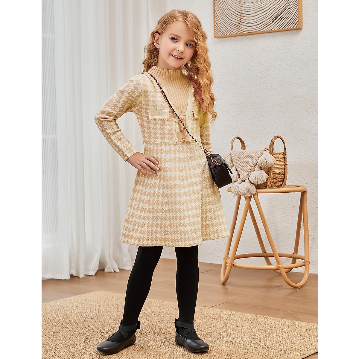 Girls Knitted Sweater Dresses Kids Mock Neck Khaki Flare Plaid Winter Dress, 4t 5t