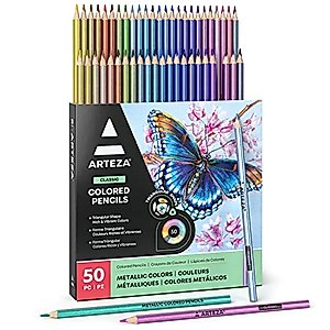 ARTEZA Metallic Colored Pencils for Adult Coloring, Set of 50 Drawing Pencils, Triangular Grip, Pre-Sharpened Pencil Set, Professional Art Supplies for Artists, for Coloring and Sketching
