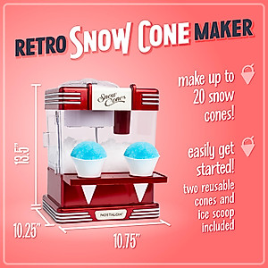 Nostalgia Retro Table-Top Snow Cone Maker, Makes 20 Icy Treats, Shaved Ice Machine Includes 2 Reusable Plastic Cups & Ice Scoop, Retro Red