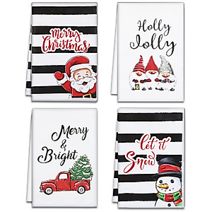 Christmas Kitchen Towels Black White Stripe Hand Towels Xmas Absorbent Dishcloths Winter Holiday Kitchen Decor Snowman Santa Dish Tea Towels Merry Bright Tea Towel for Home Kitchen Supplies 4PCS