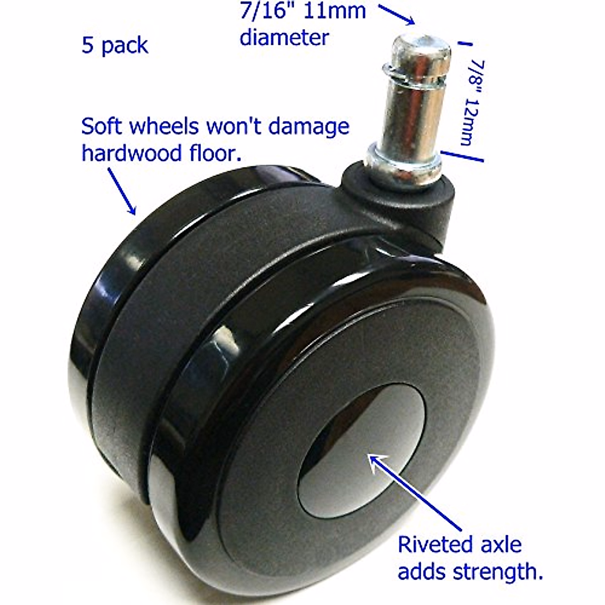 Oajen 4" 100mm Twin Soft Wheel Caster 5 Pack, Furniture Wheel, 7/16" x 7/8" 11mm x 22mm Grip Ring for Office Chair, Won't Damage Hardwood Floors