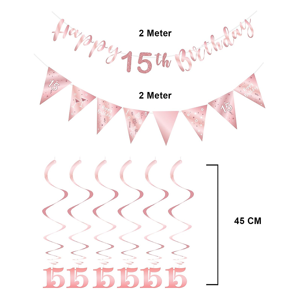 BRT Bearingshui 15th Birthday Decoration Kit for Girls, Happy 15th Birthday Banner Bunting Swirls Streamers, Triangle Flag Banner for Birthday Party Decorations Supplies Rose Gold 15th