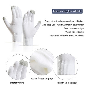 Pom Beanie Hat Scarf Gloves Set 3 in 1 Warm Thick Lining Slouchy Beanie Hats Scarf Touch Screen Gloves for Womens Girls (White)
