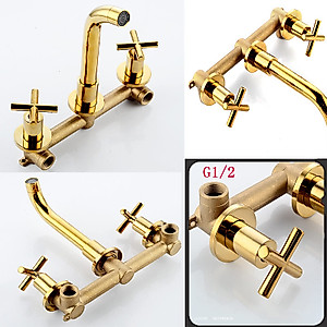 Wall Mount Bathroom Faucet,Double Handle Wall Mount Brass Basin Mixer,360 Degree Rotating Nozzle,1/2 Standard Thread,Bathroom Faucet,Gold (Color : Gold)