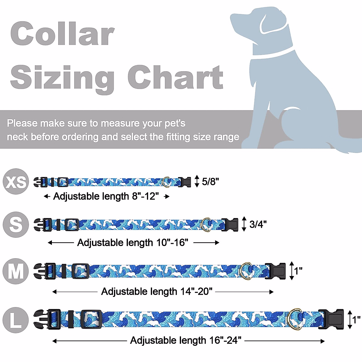Rnivvi Dog Collar for Small Dogs, Cute Heavy Duty Adjustable Puppy Collar with Quick Release Buckle for Boy Girl & Female, Pet Accessories for Walking Running, S Length 3/4" Width, Japanese Style Wave