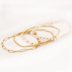 Pymach Dainty Gold Pearl Crystal Beaded Bracelets Set for Women 14K Real Gold Plated Bead Pearl Crystal Beads Bracelet Stackable Paperclip Link Chain Bracelets Gold Bracelets for Women Trendy Jewelry