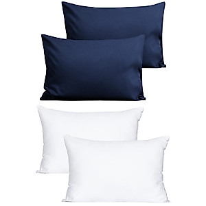 FLXXIE Toddler Cotton Down Alternative Toddler Pillows (13" x 18") and Navy Blue Microfiber Soft Toddler Pillowcases (14" x 20")