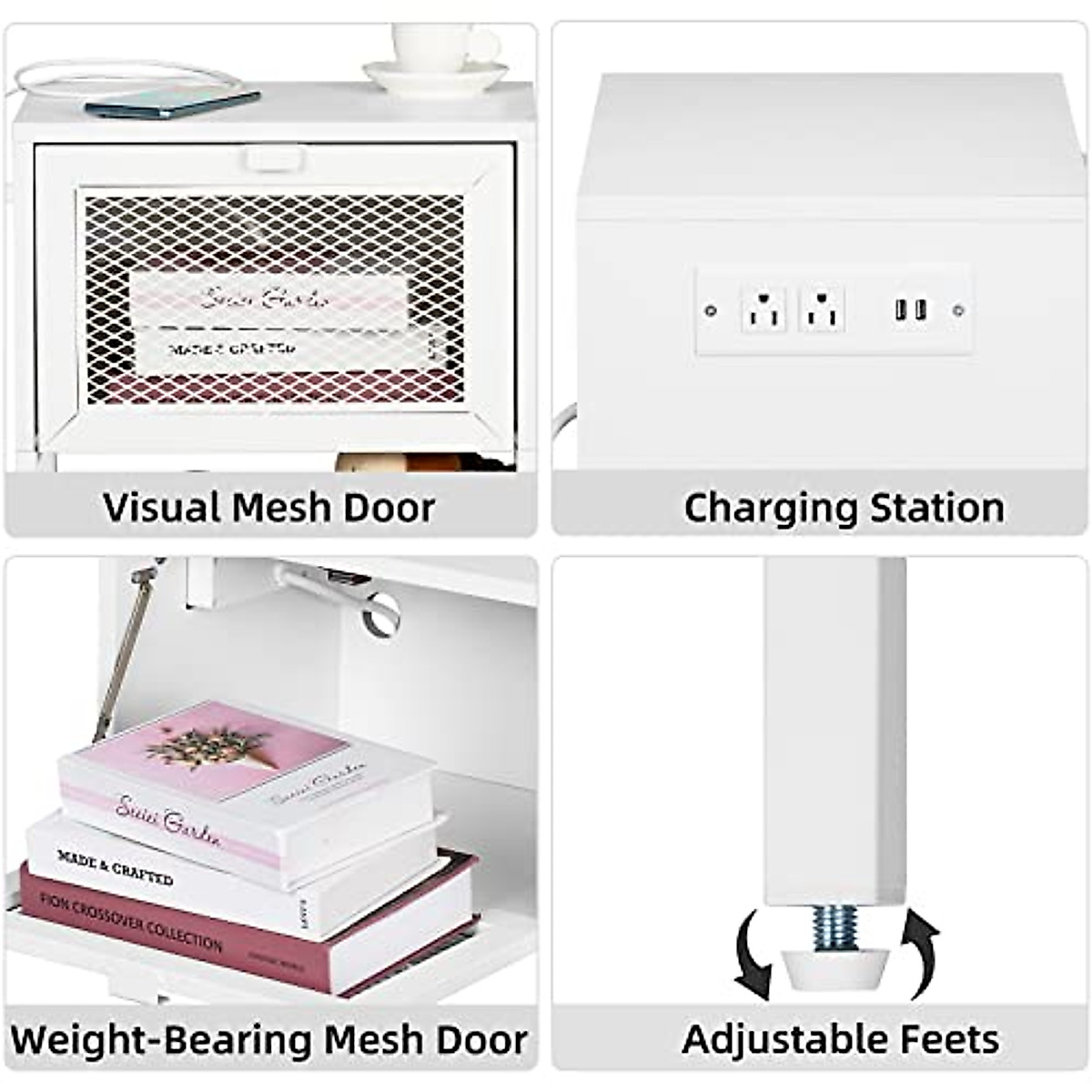 LEBOAHOUS Nightstand with Charging Station and USB Port, 3 Tier Industrial Night Stand, Bedside Table with Flip Storage Drawer and Open Shelf, End Side Table for Bedroom, Office, Dorm 26.2''H (White)